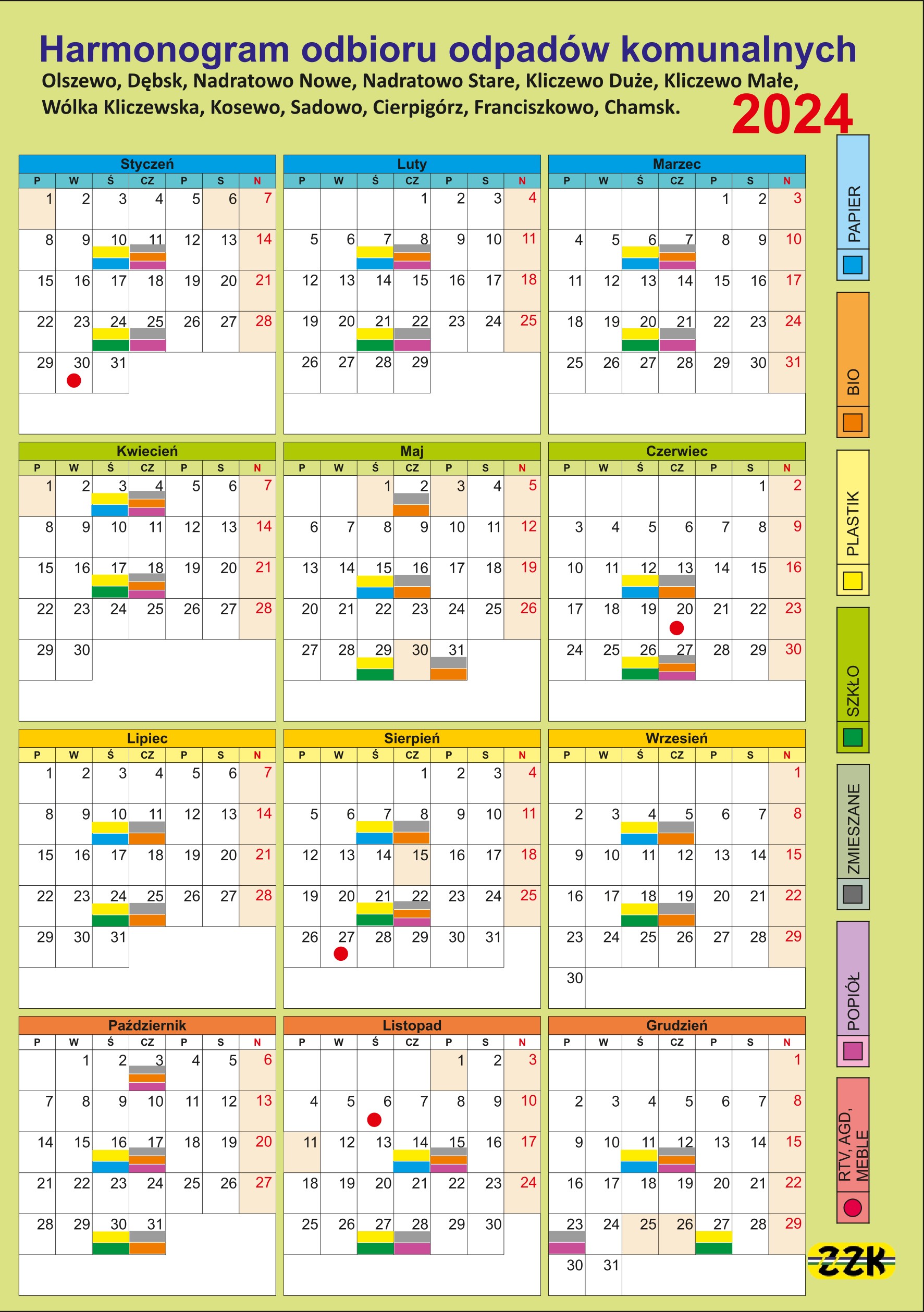 Harmonogram wywozu odpadów komunalnych obowiązujący w 2024 roku
