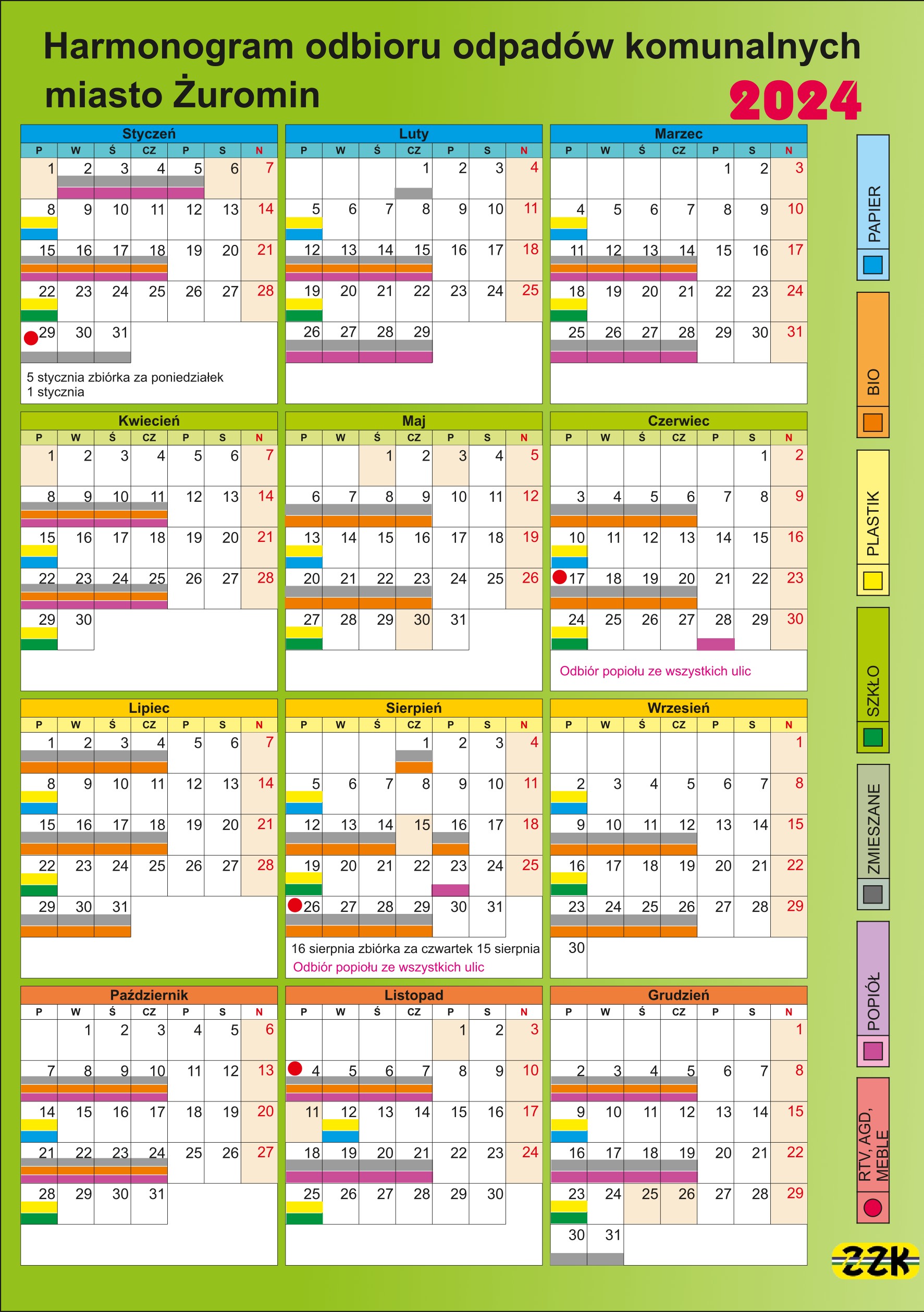 Harmonogram wywozu odpadów komunalnych obowiązujący w 2024 roku